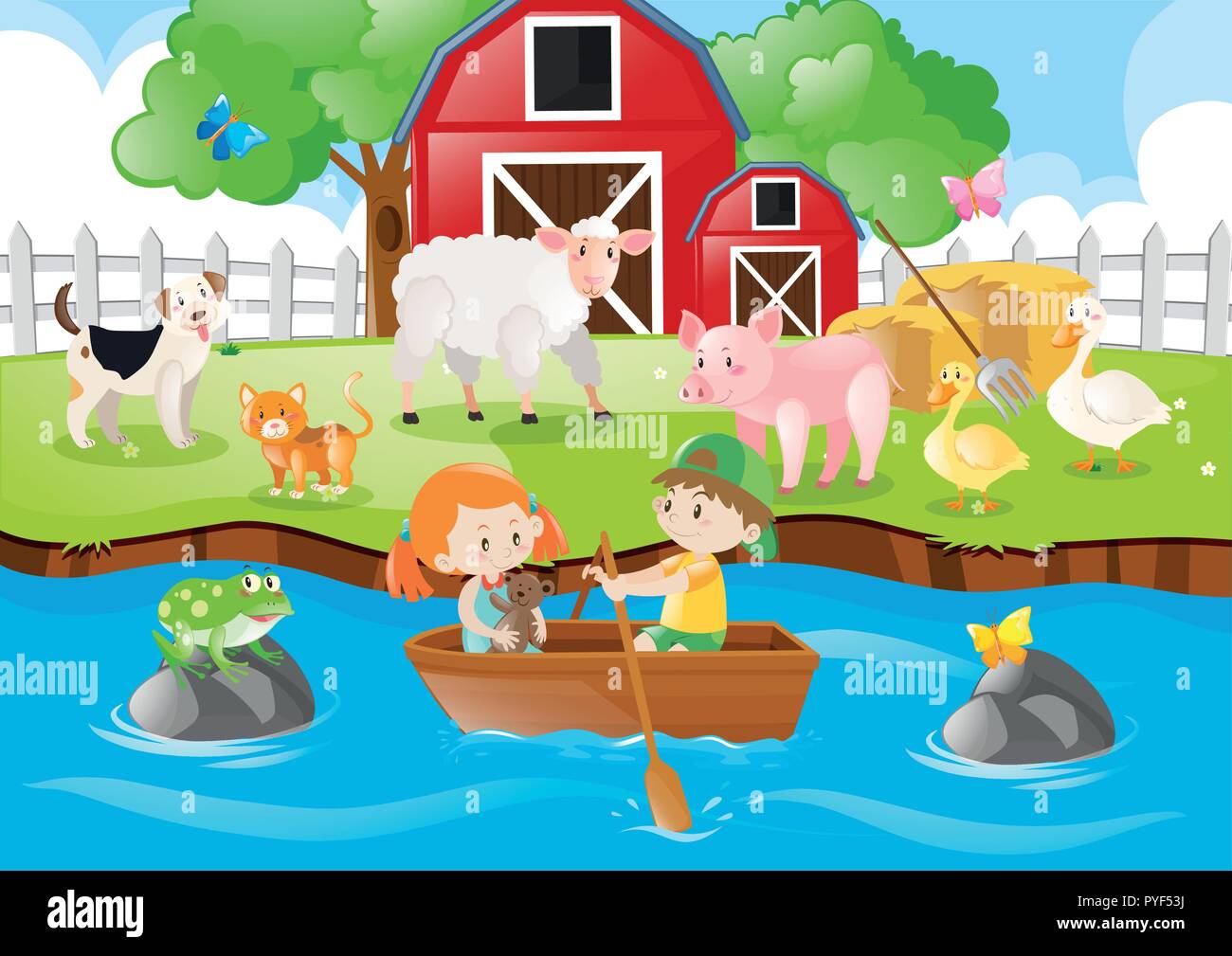 Farm scene kids rowing boat in river illustration Stock Vector Image ...