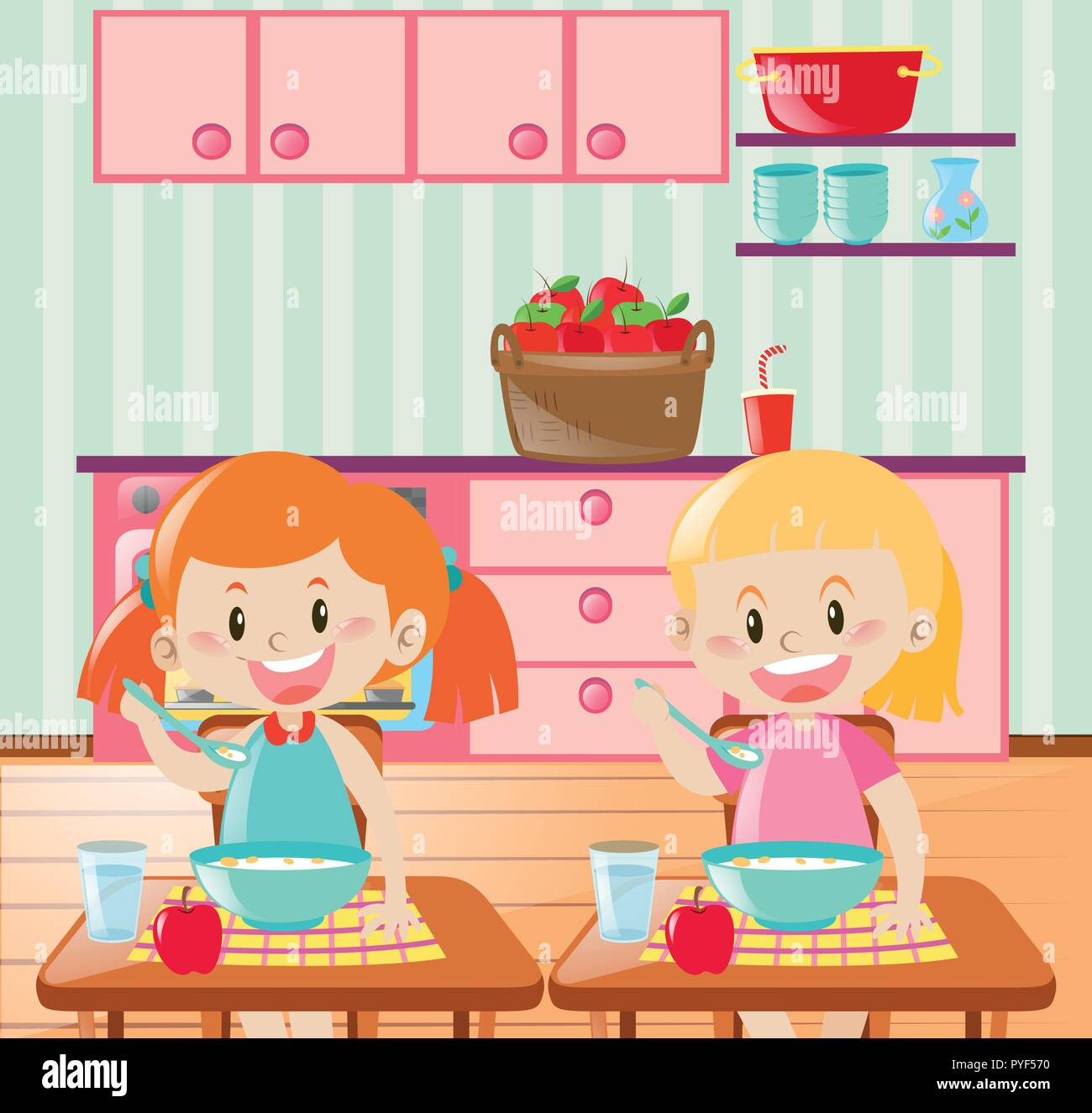 Two kids eating breakfast in kitchen illustration Stock Vector Image ...
