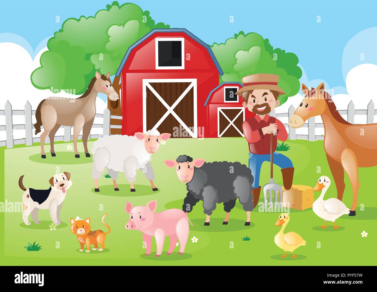 Farmer and farm animals in the farmyard illustration Stock Vector Image ...