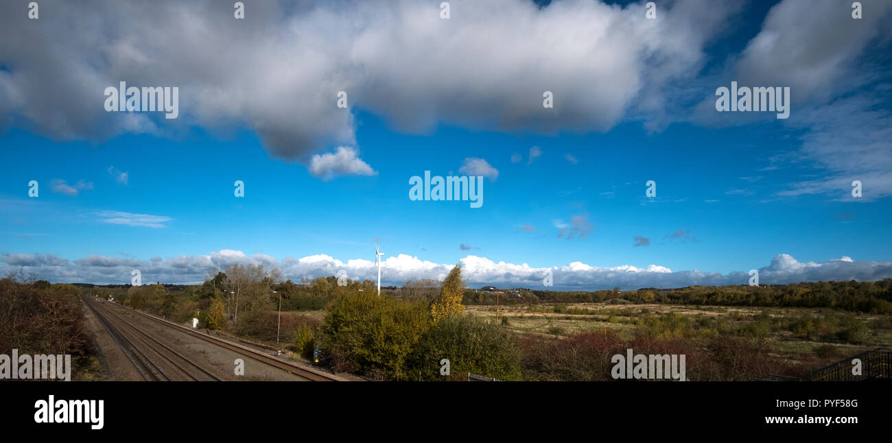 Panorama of a railway landscape with blue sky and clouds Stock Photo ...