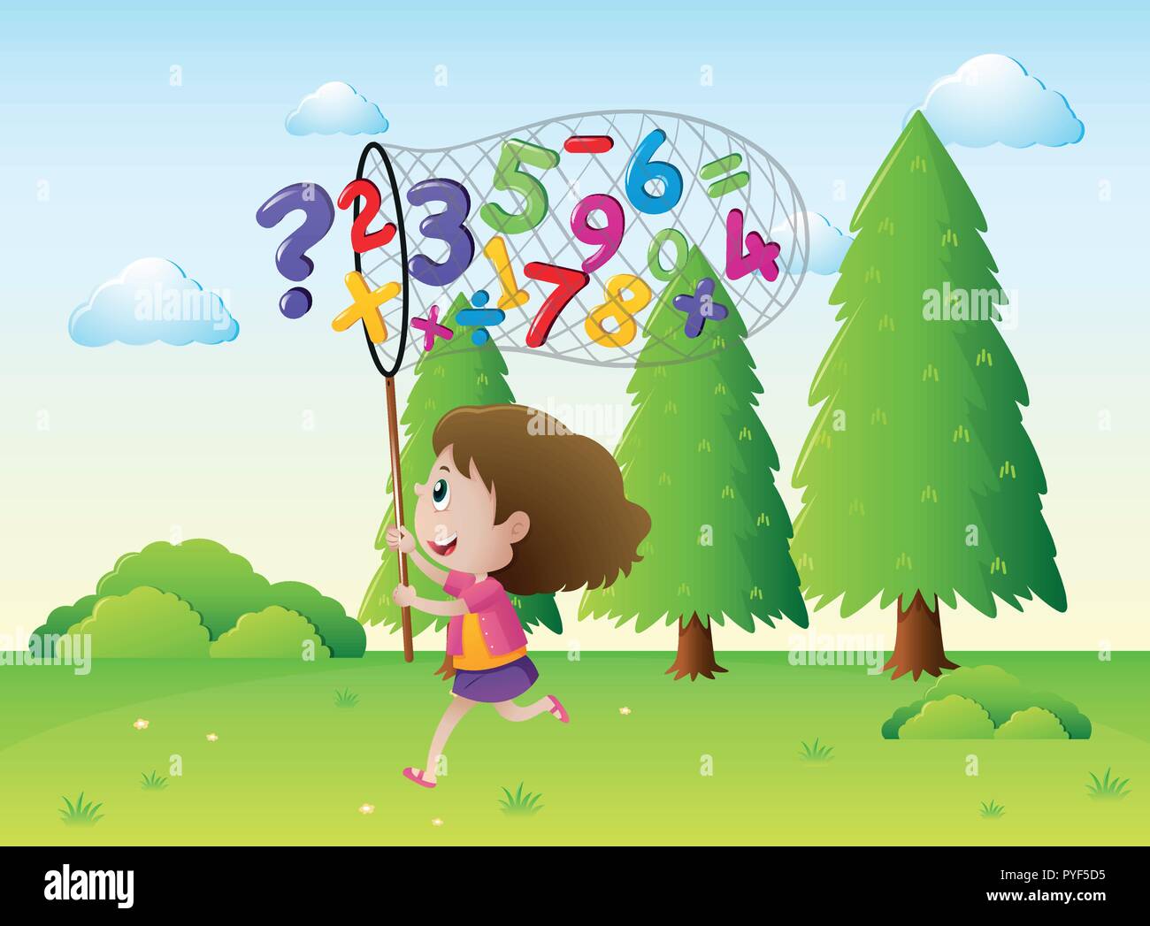 Girl catching numbers and math signs in the park illustration Stock ...