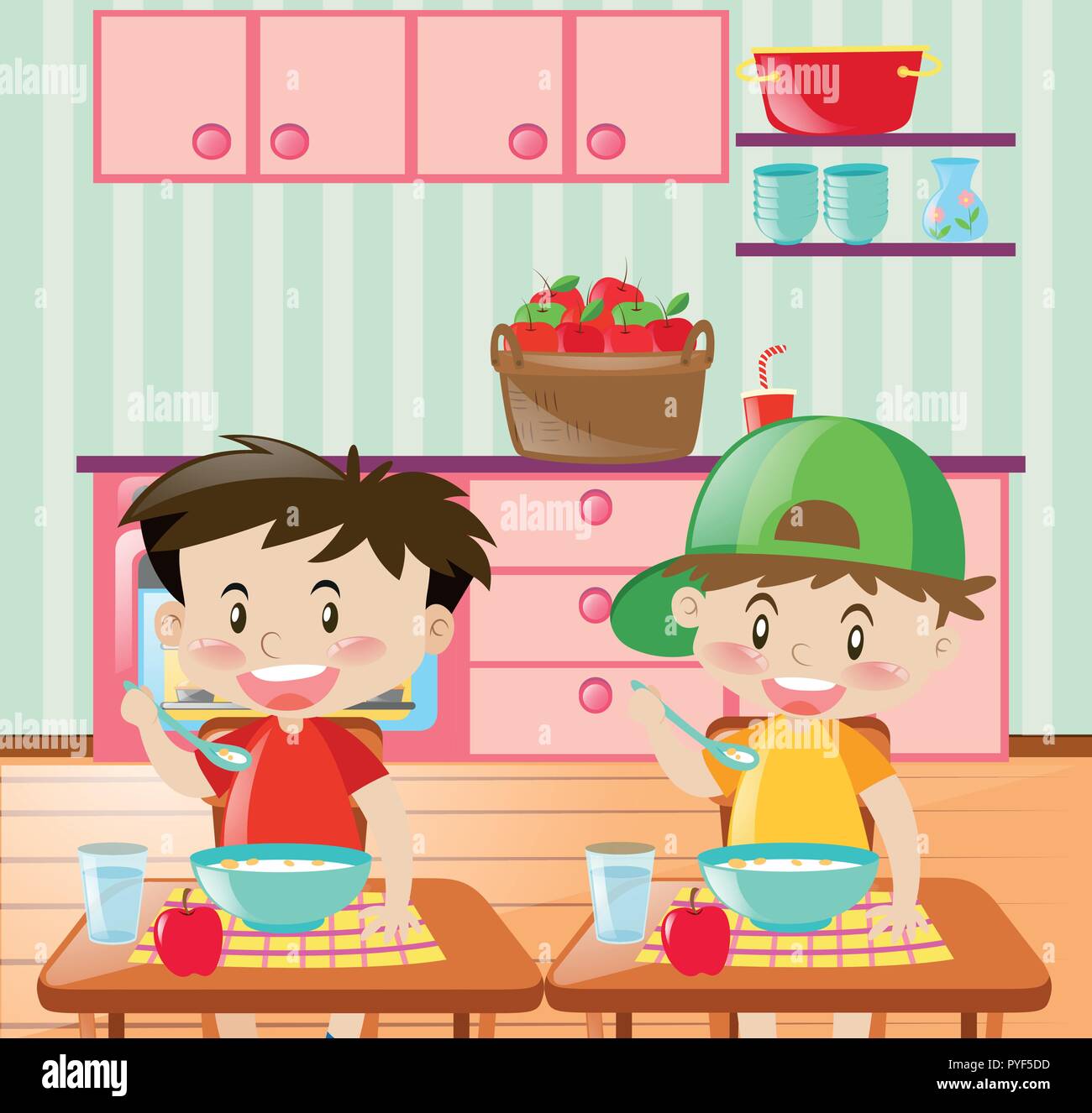 Happy boys having breakfast in kitchen illustration Stock Vector Image ...
