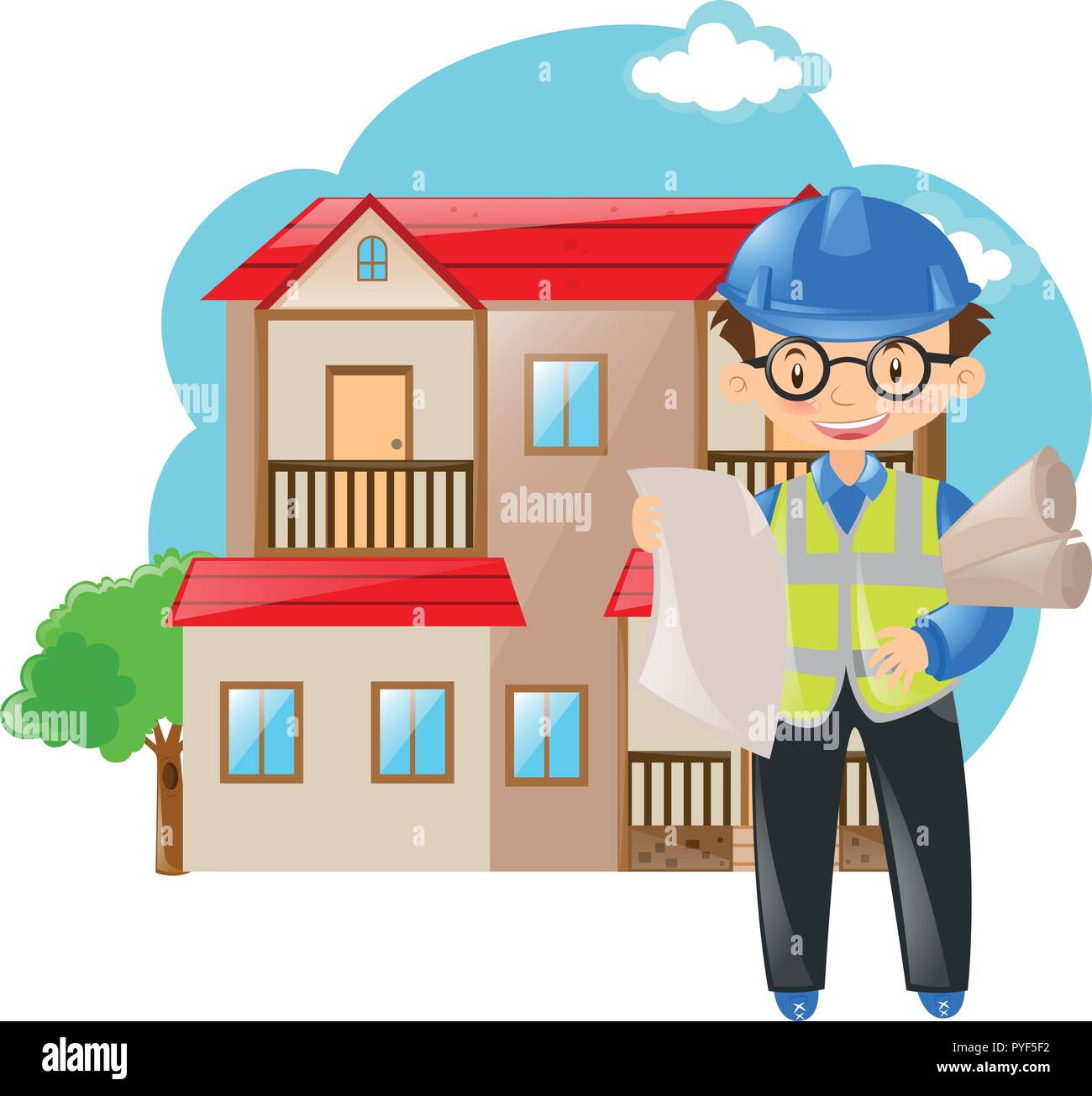Engineer holding blueprints of house illustration Stock Vector Image ...