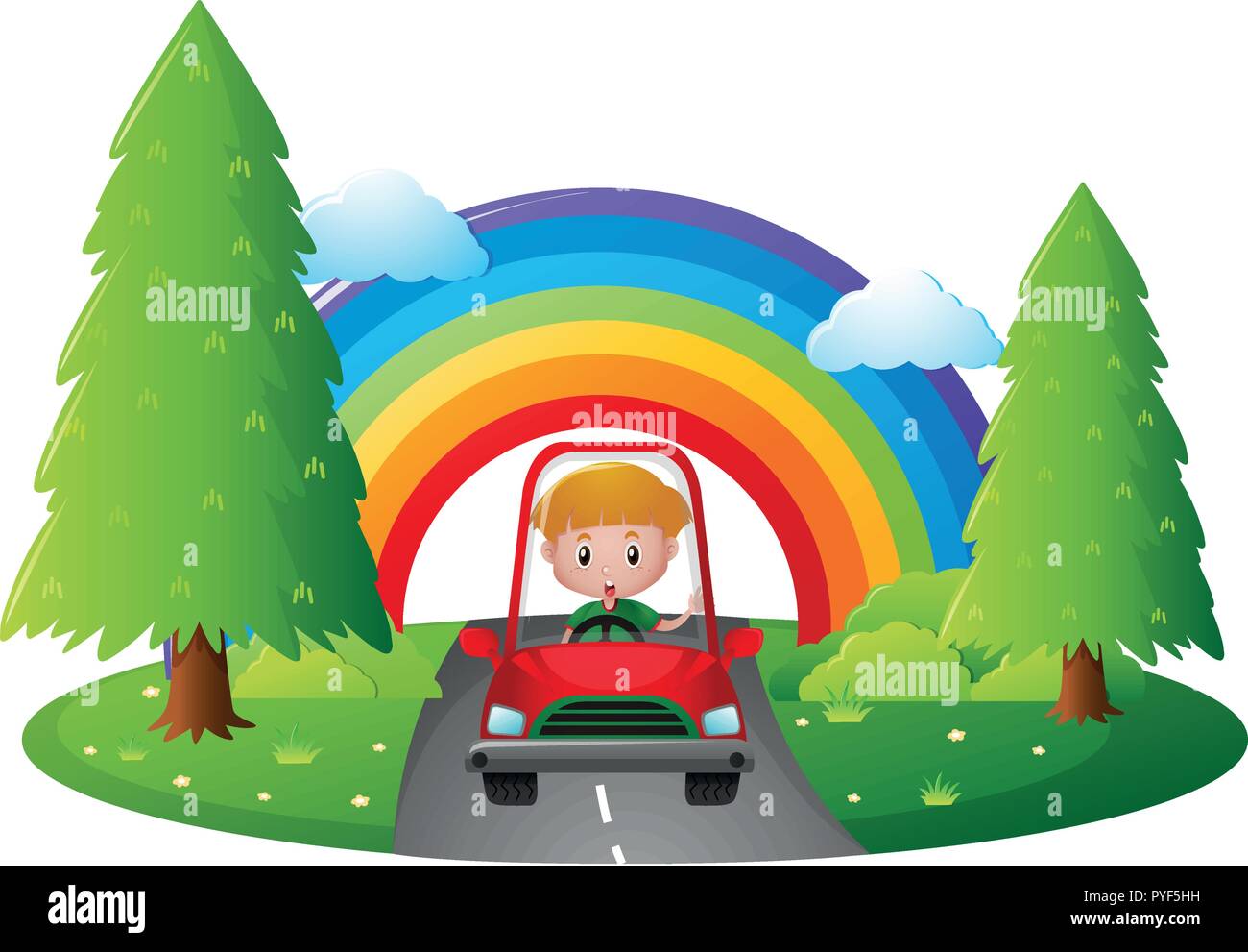 Boy driving red car on road illustration Stock Vector Image & Art - Alamy
