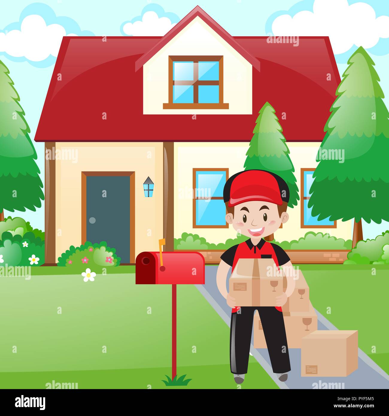 Scene with postman delivering parcles illustration Stock Vector Image ...