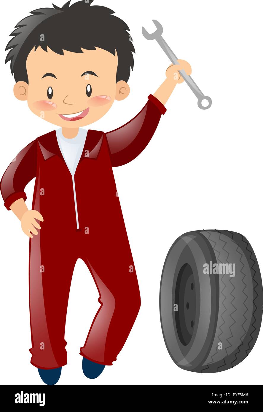 Mechanic in red uniform with tools illustration Stock Vector Image ...