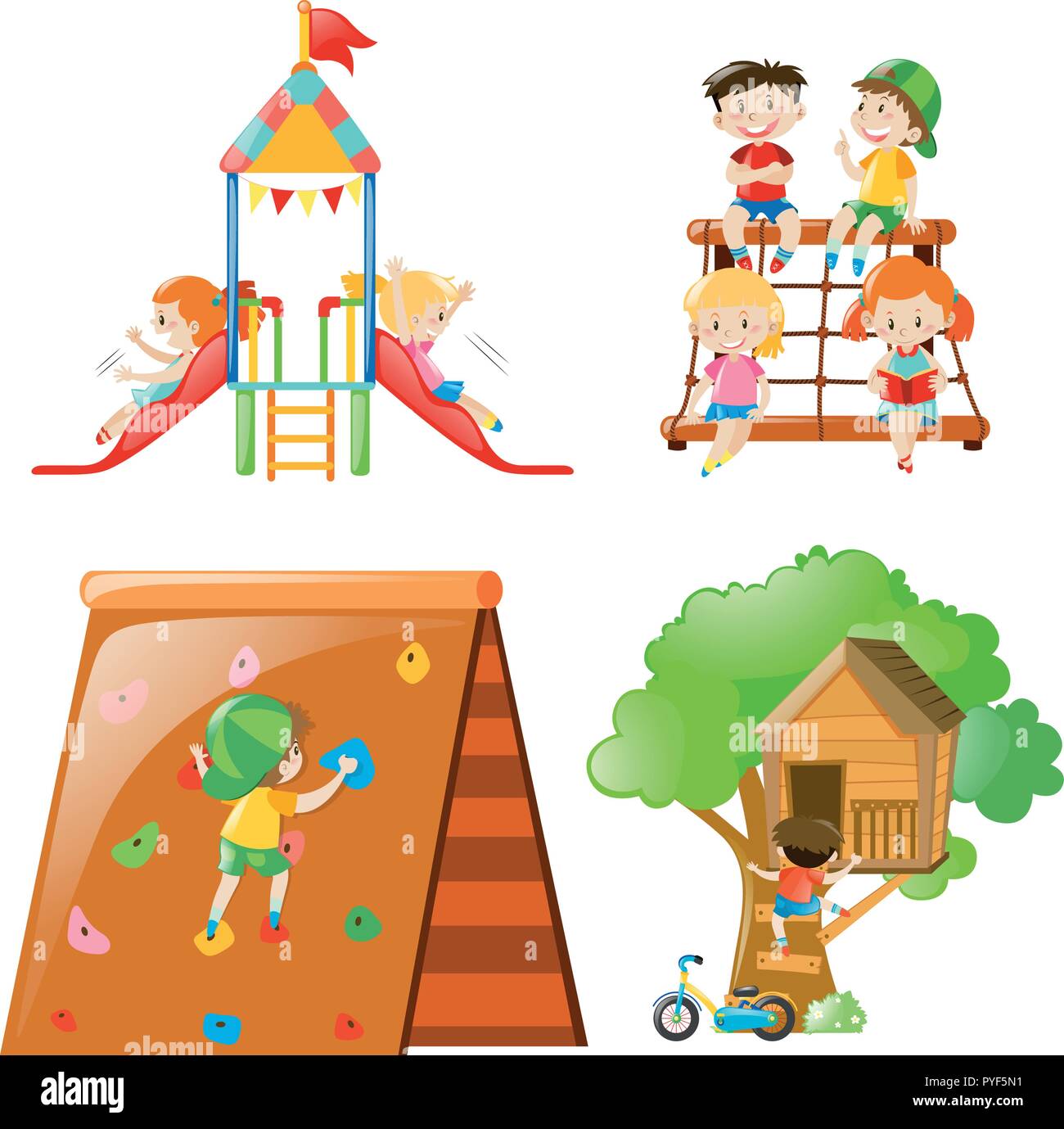 Many kids playing at different play stations illustration Stock Vector ...