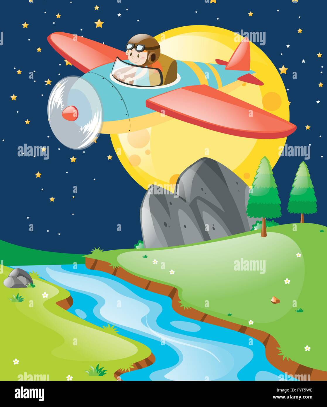 Scene with pilot flying plane at night illustration Stock Vector Image ...