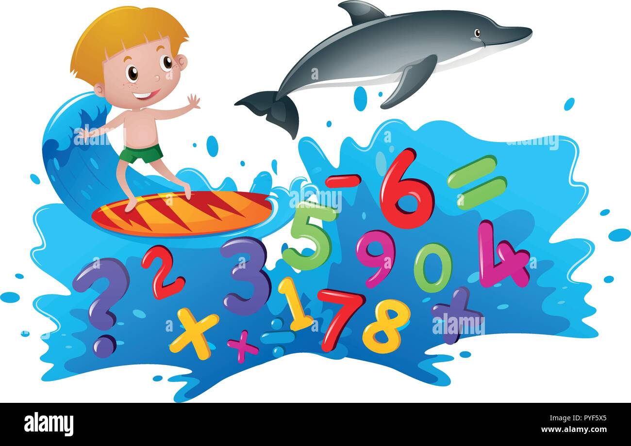 Boy on surfboard with numbers in ocean illustration Stock Vector Image ...