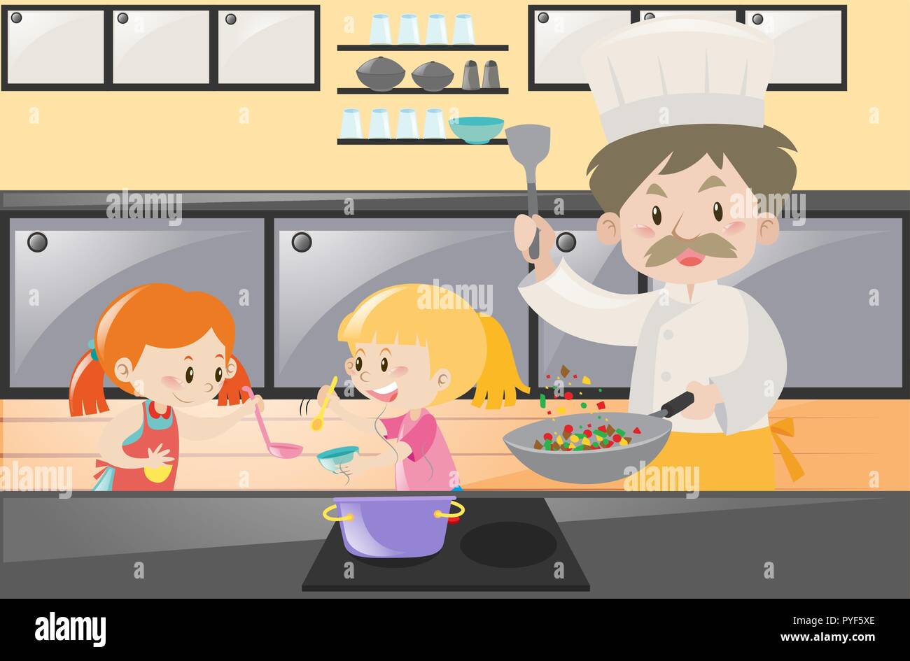 Girls and chef cooking in kitchen illustration Stock Vector Image & Art ...