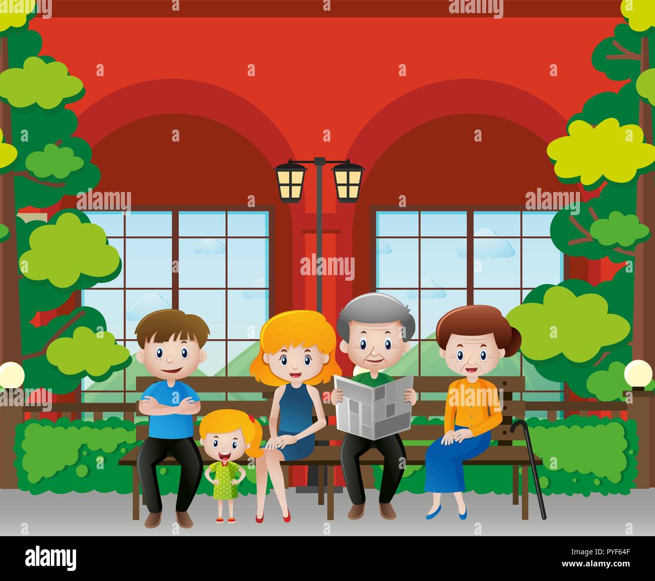 Family members sitting on the bench illustration Stock Vector Image ...