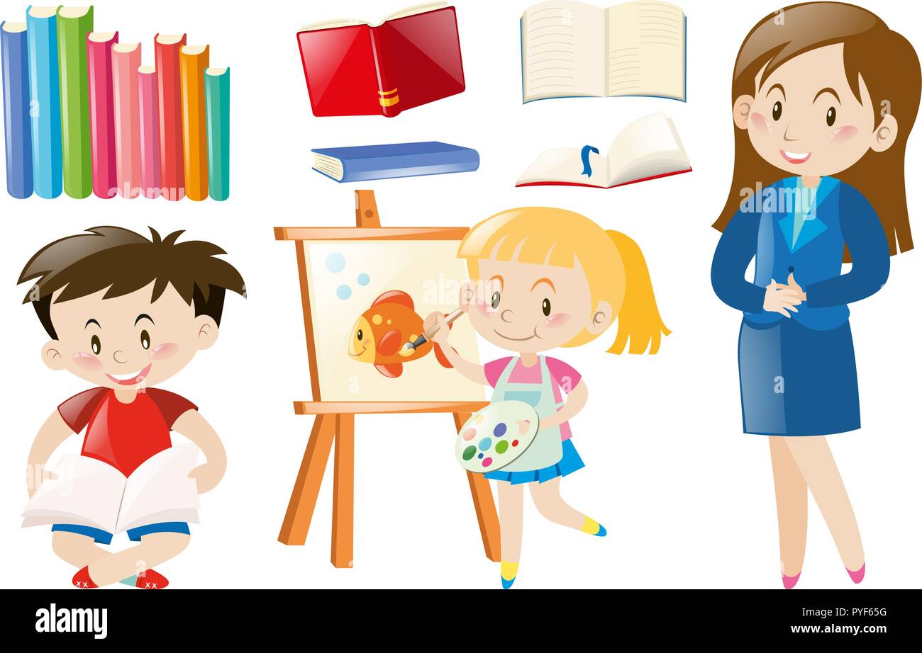 Teacher and students with school objects illustration Stock Vector ...
