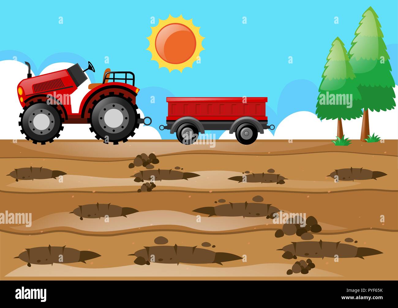 Farm scene with tractor in the field illustration Stock Vector Image ...
