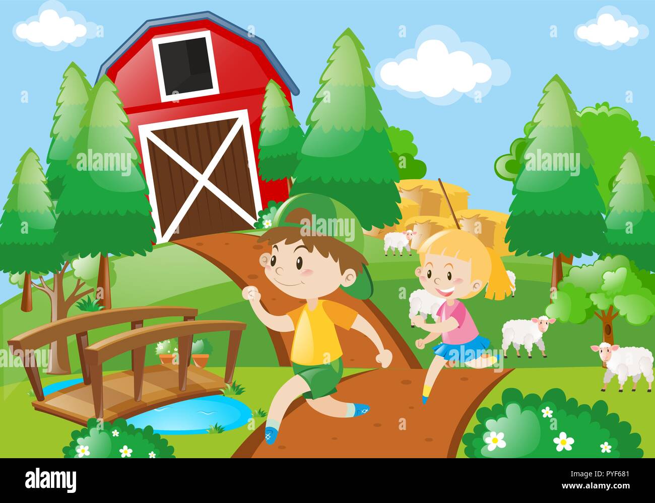 Boy girl running in field Stock Vector Images - Alamy