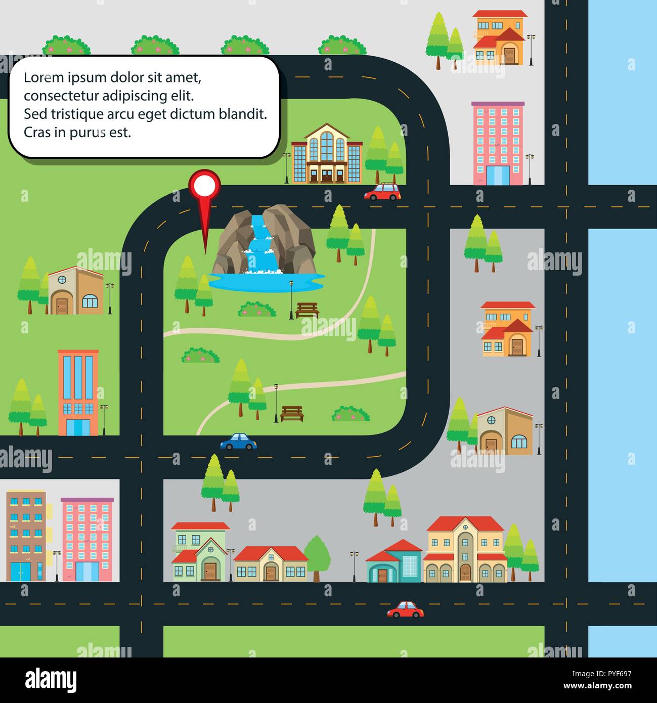 City map with road and different locations illustration Stock Vector ...
