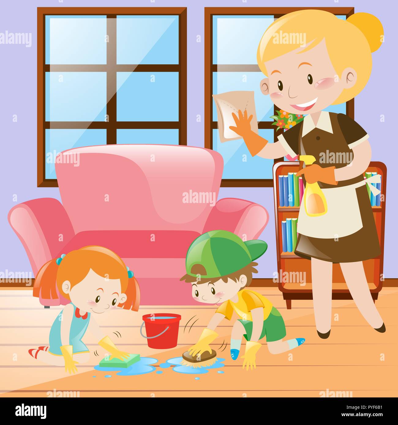 Kids and maid cleaning the house illustration Stock Vector Image & Art ...