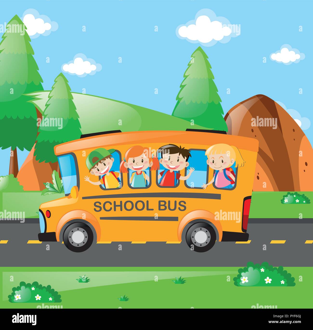 Four kids riding on school bus illustration Stock Vector Image & Art ...