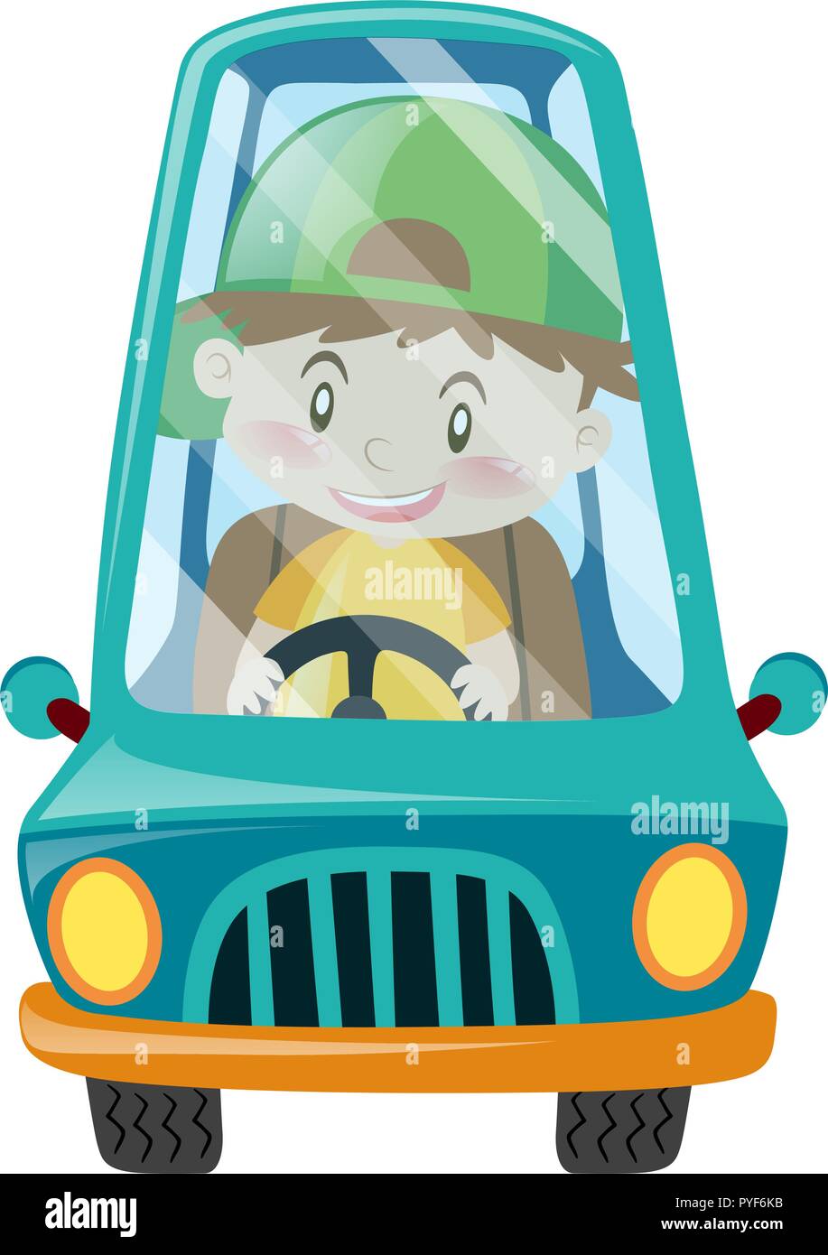 Happy boy driving blue car illustration Stock Vector Image & Art - Alamy