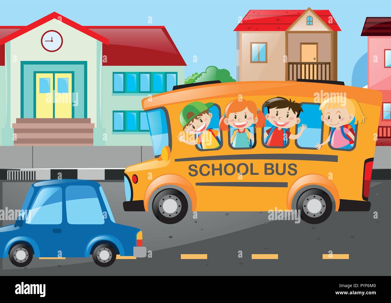 Children riding school bus on the road illustration Stock Vector Image ...