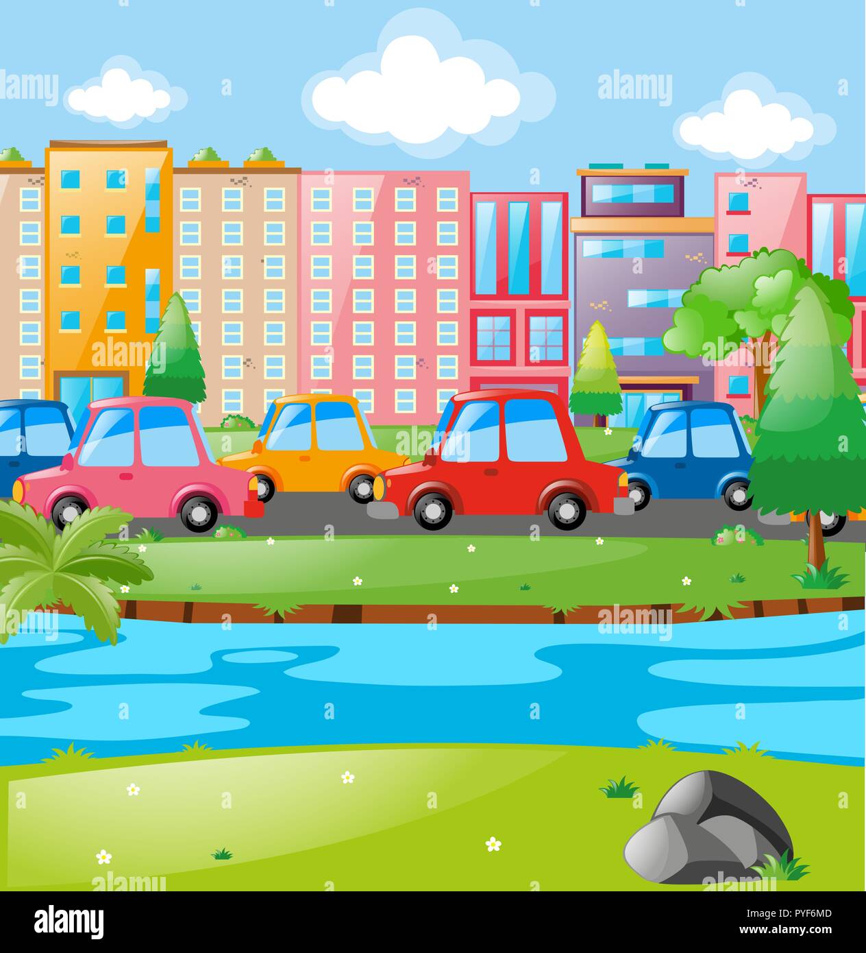 City scene with buildings and cars illustration Stock Vector Image ...