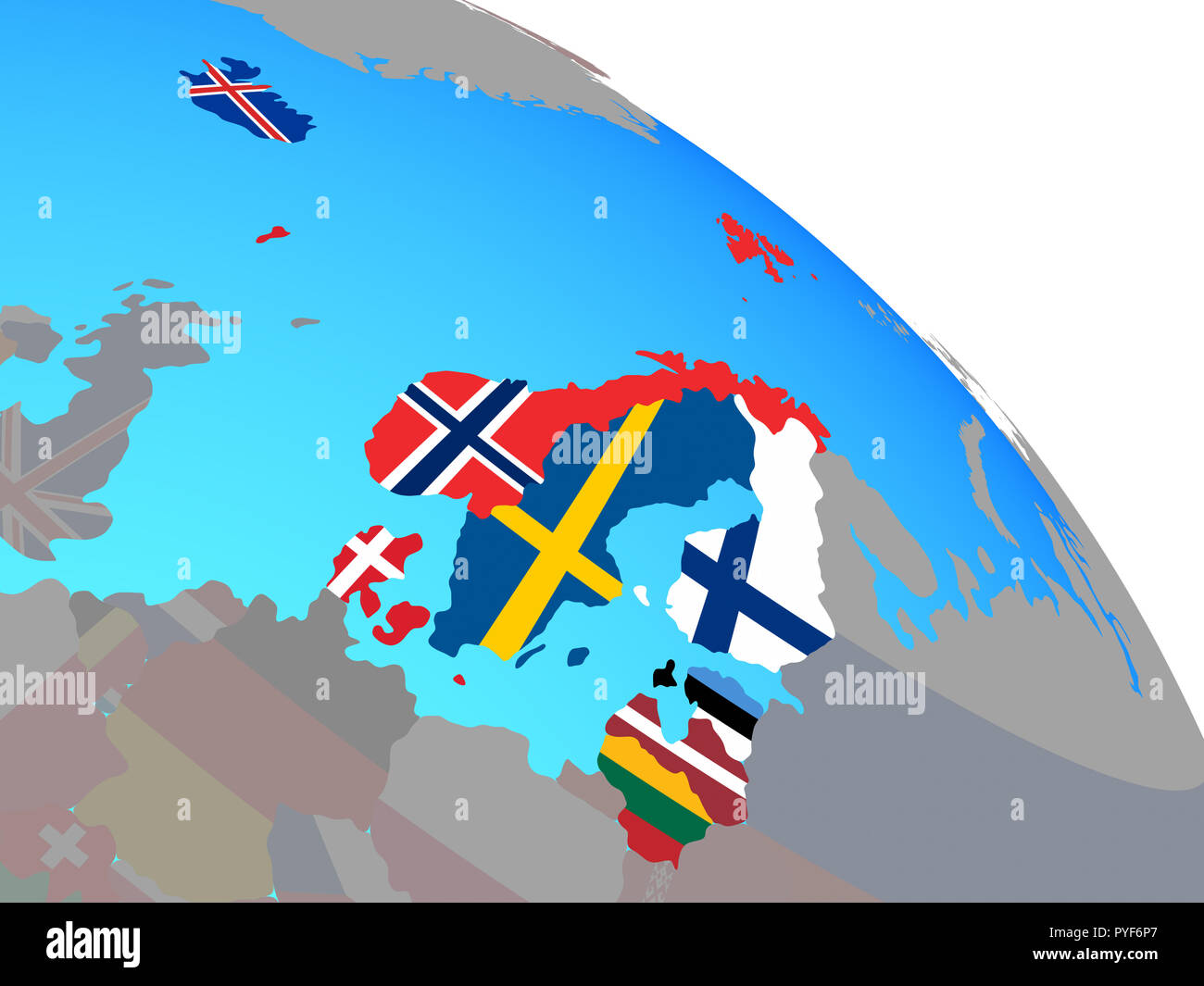 Northern Europe with national flags on simple blue political globe. 3D ...