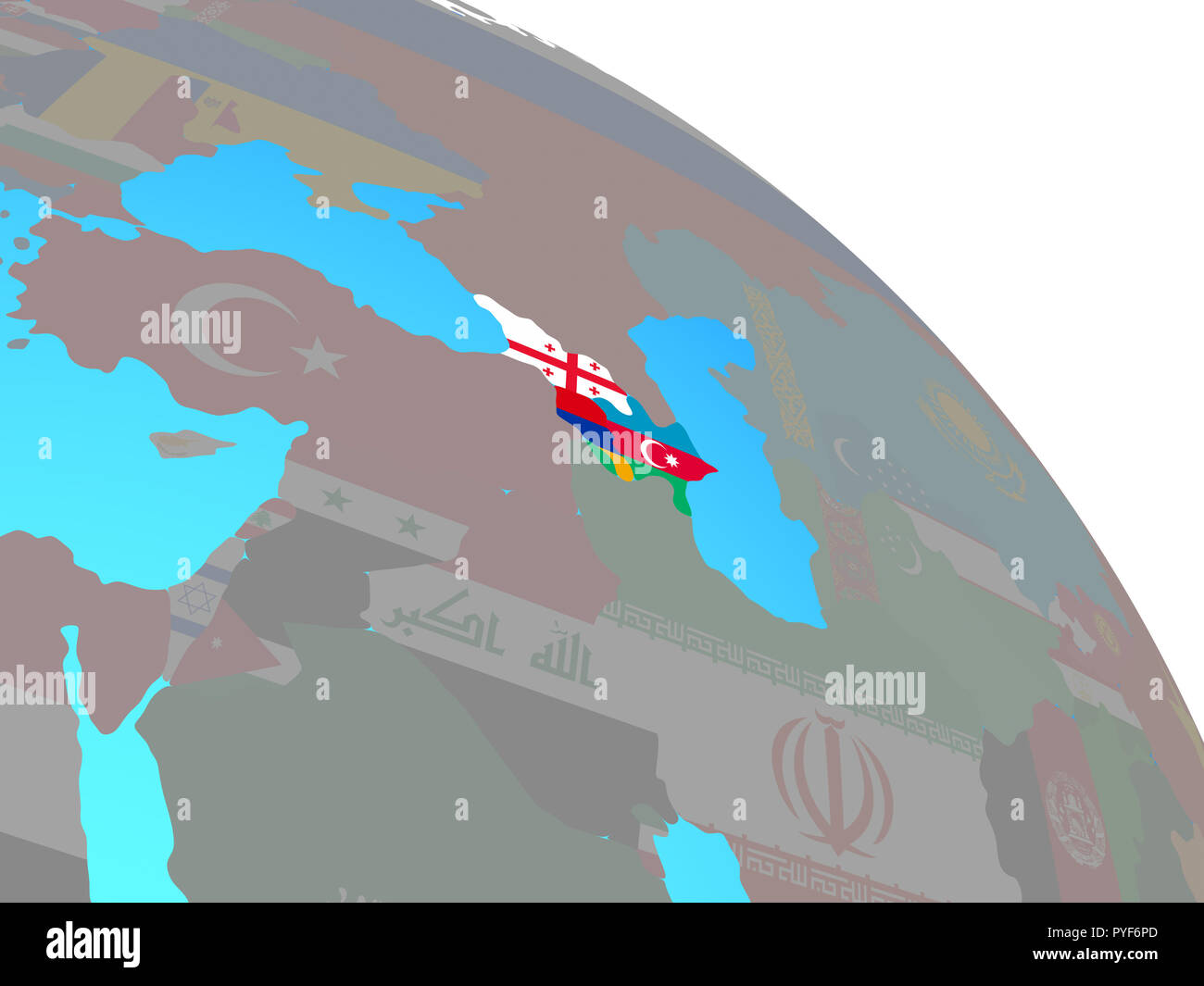 Caucasus region with national flags on simple blue political globe. 3D ...