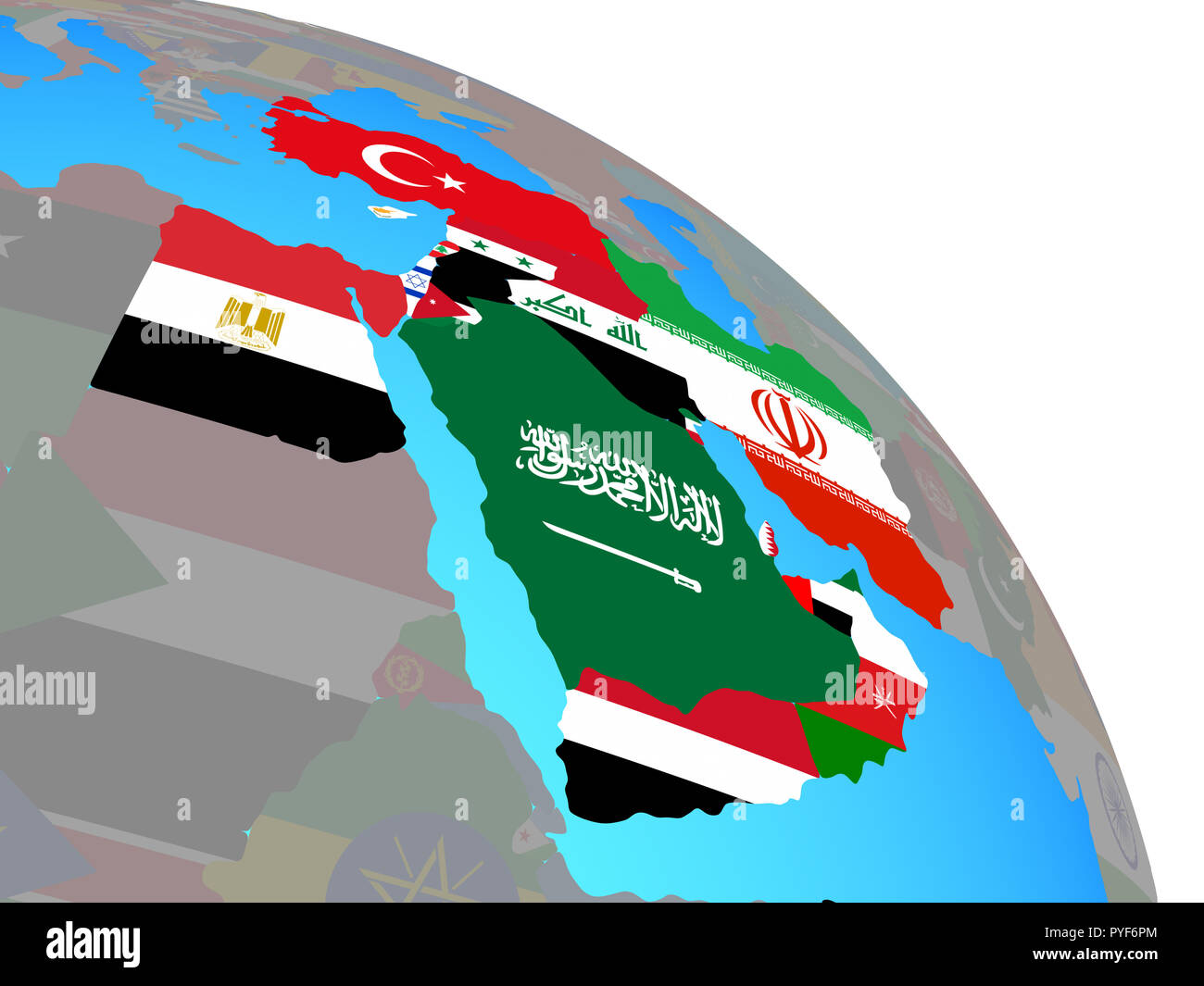 Middle East with national flags on simple blue political globe. 3D ...