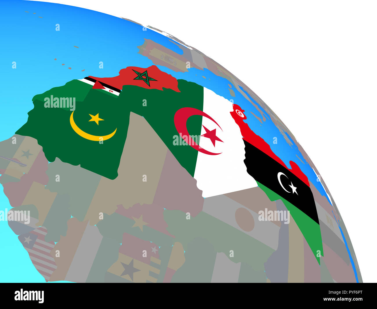 Maghreb region with national flags on simple blue political globe. 3D ...
