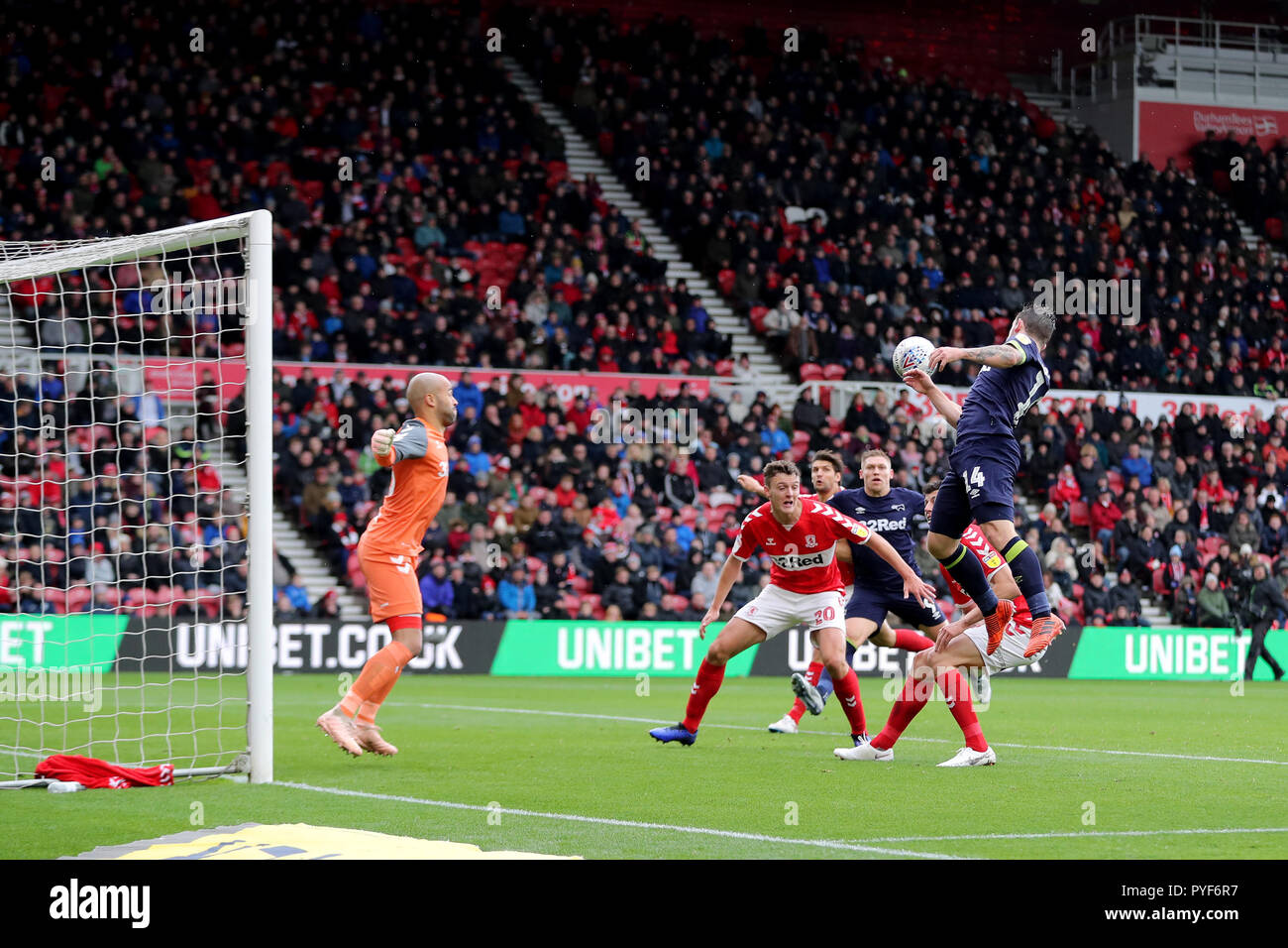 Derby countys jack marriott heads ball into box hi-res stock ...