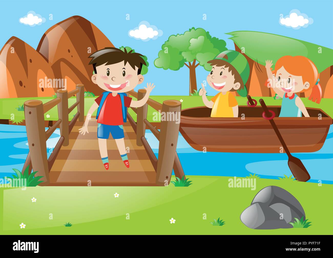 Kids rowing boat in river illustration Stock Vector Image & Art - Alamy
