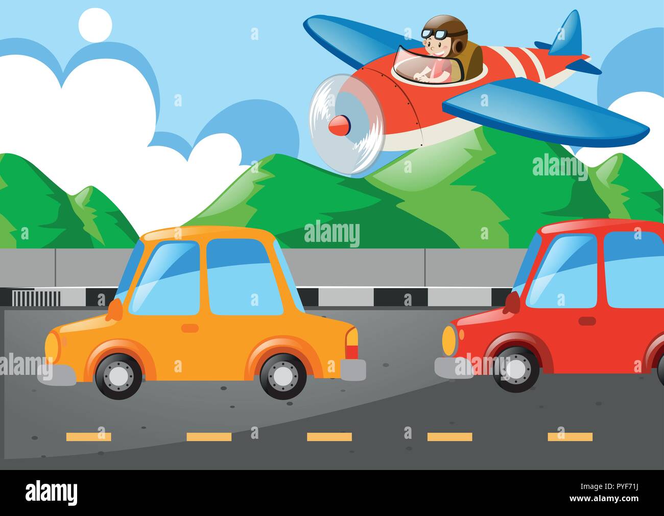 Pilot flying jet over the highway illustration Stock Vector Image & Art ...