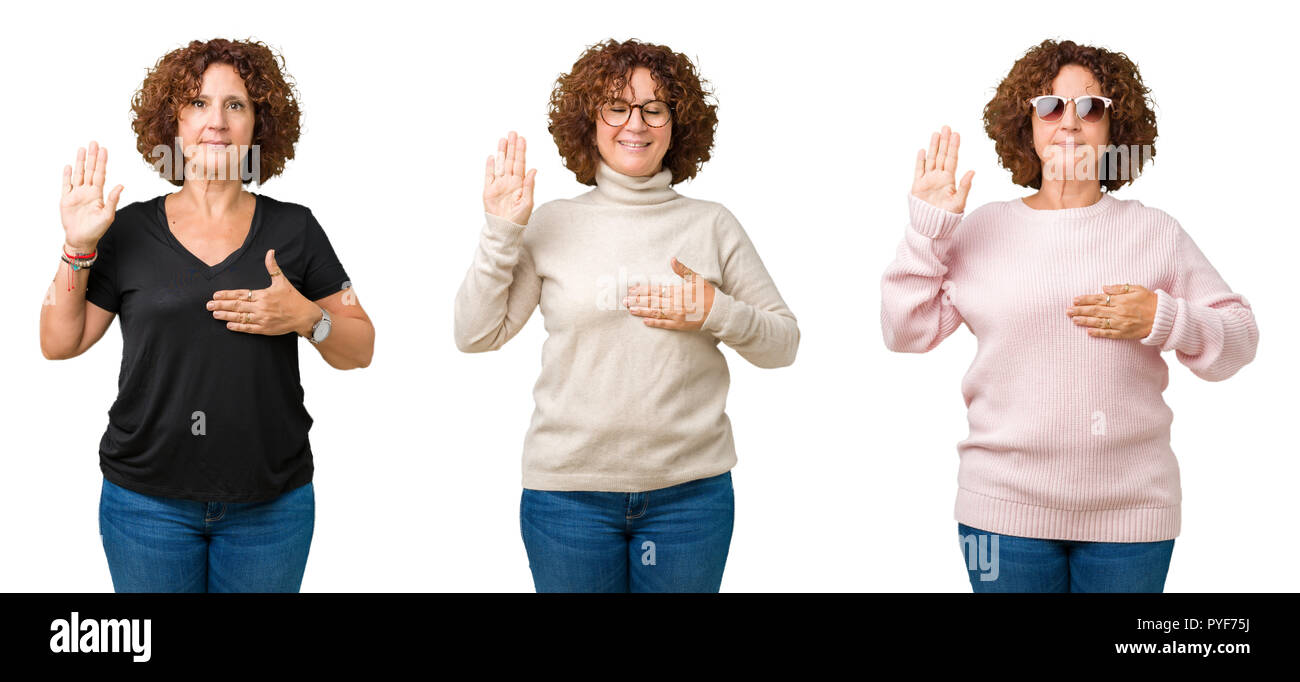 Collage of middle age senior woman over white isolated background ...