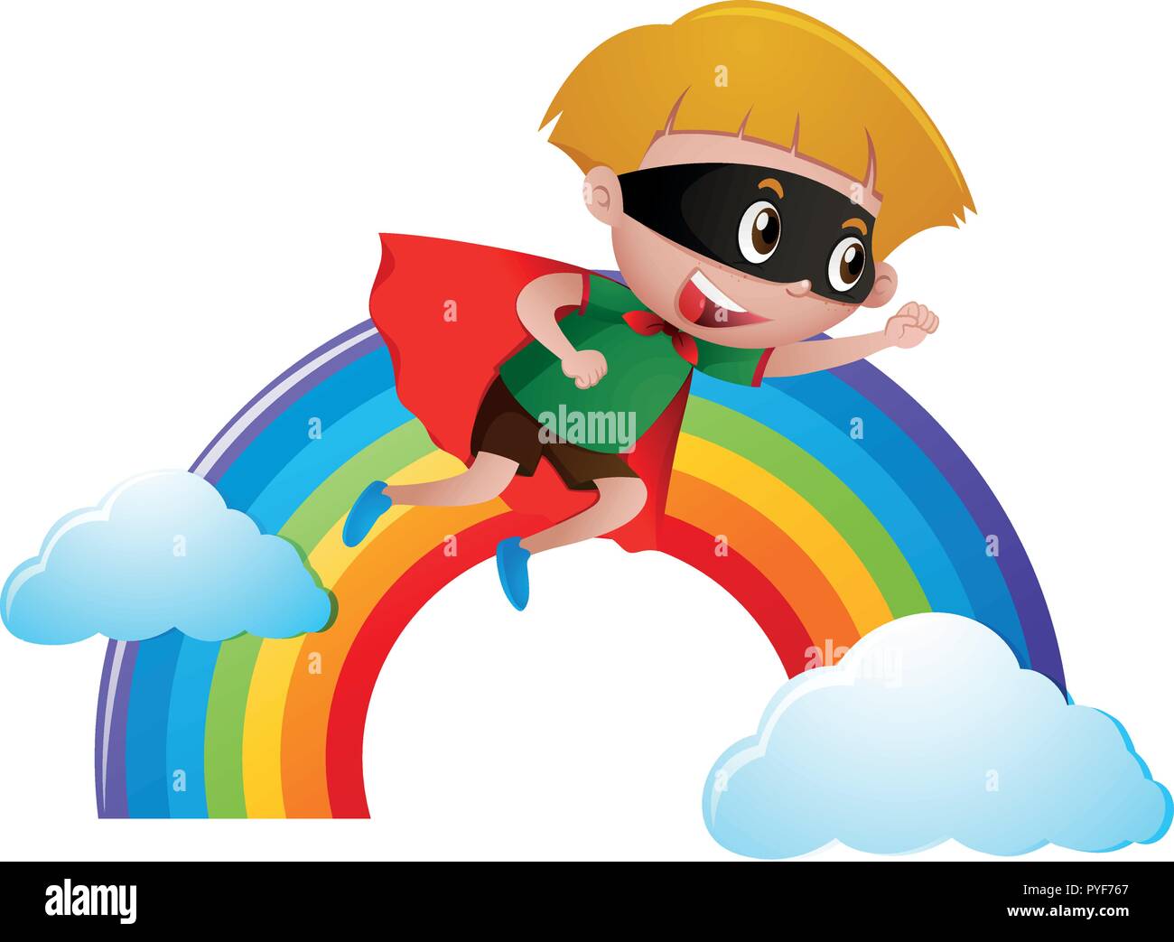 Boy dressed as hero flying over the rainbow illustration Stock Vector ...