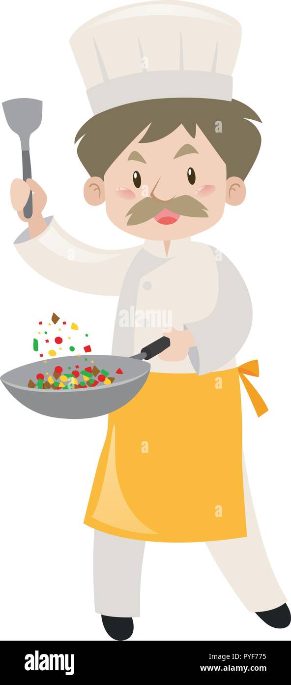 Male chef cooking with pan and spatula illustration Stock Vector Image ...