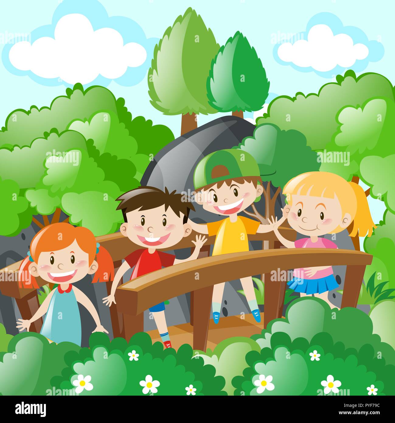 Children standing on wooden bridge illustration Stock Vector Image ...