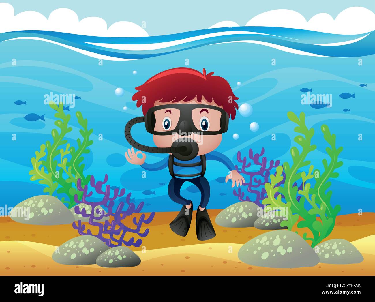 Boy scuba diving under the ocean illustration Stock Vector Image & Art ...