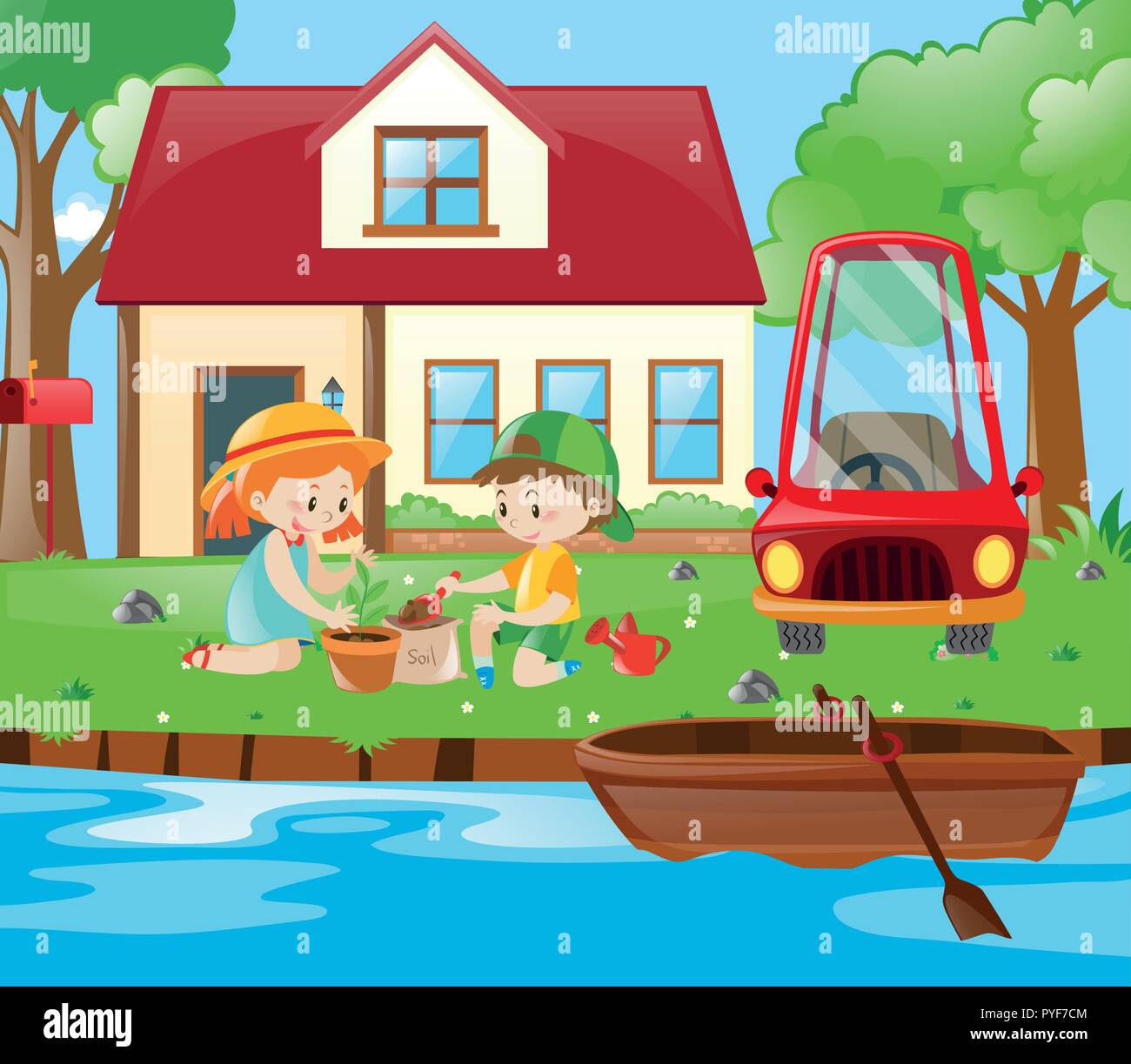 Scene with kids planting at home illustration Stock Vector Image & Art ...
