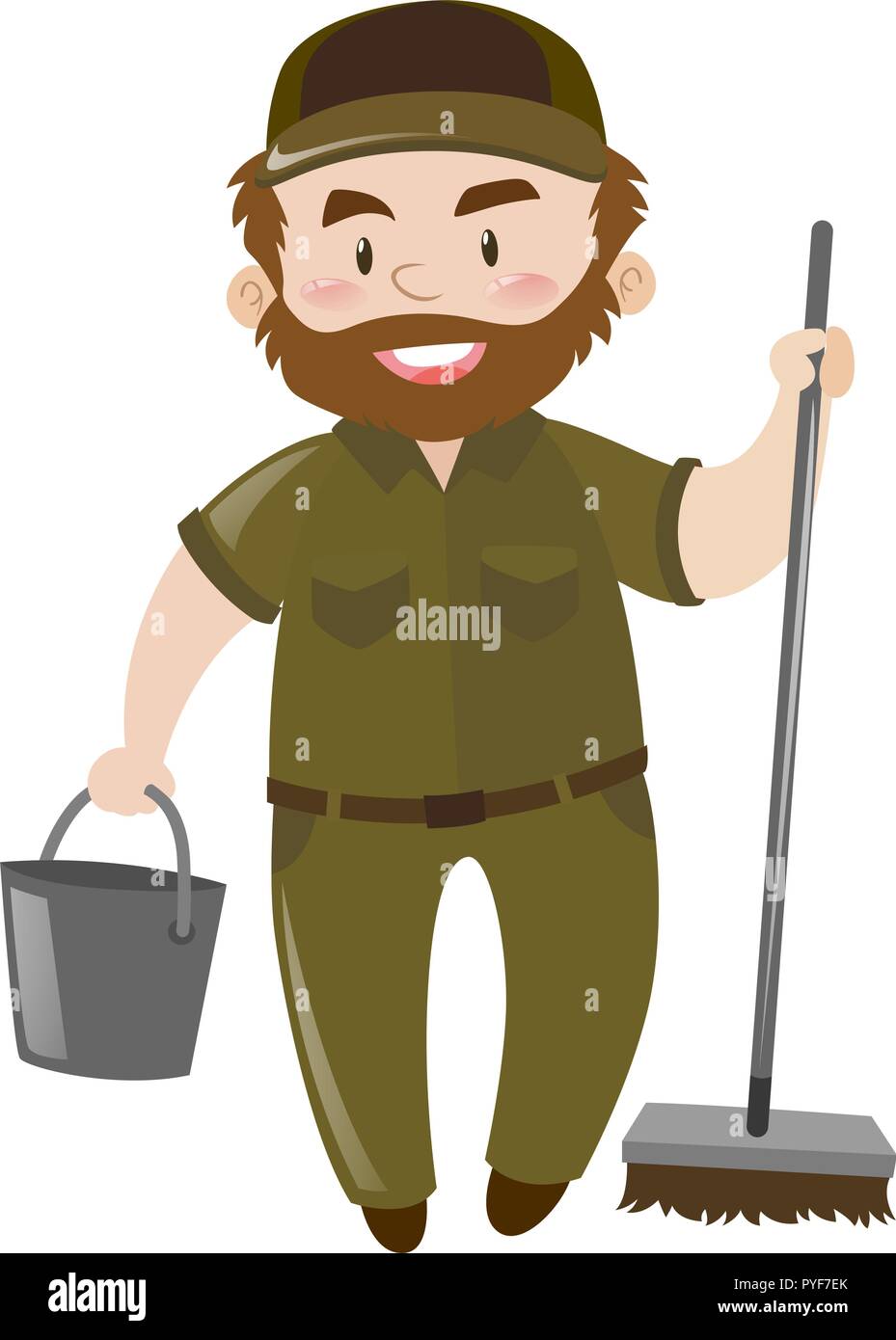 Male janitor with water bucket and broom illustration Stock Vector ...