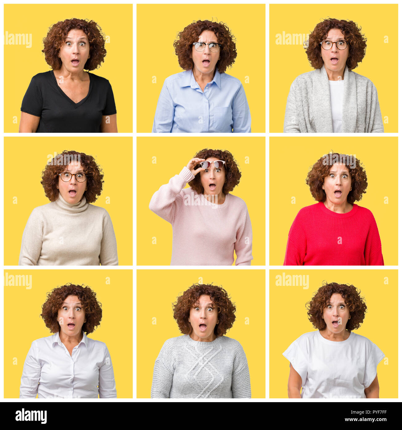 Collage of middle age senior woman over yellow isolated background ...