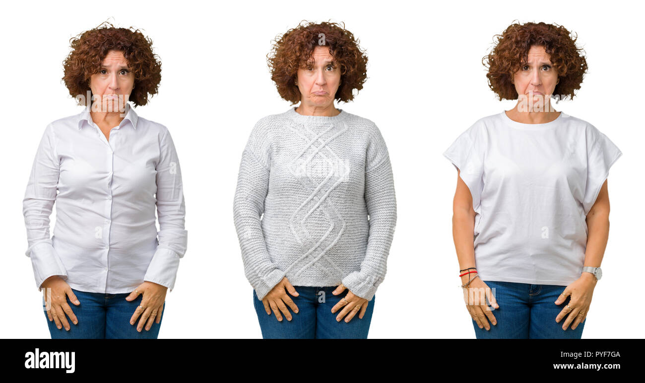 Collage of middle age senior business woman wearing white t-shirt over ...