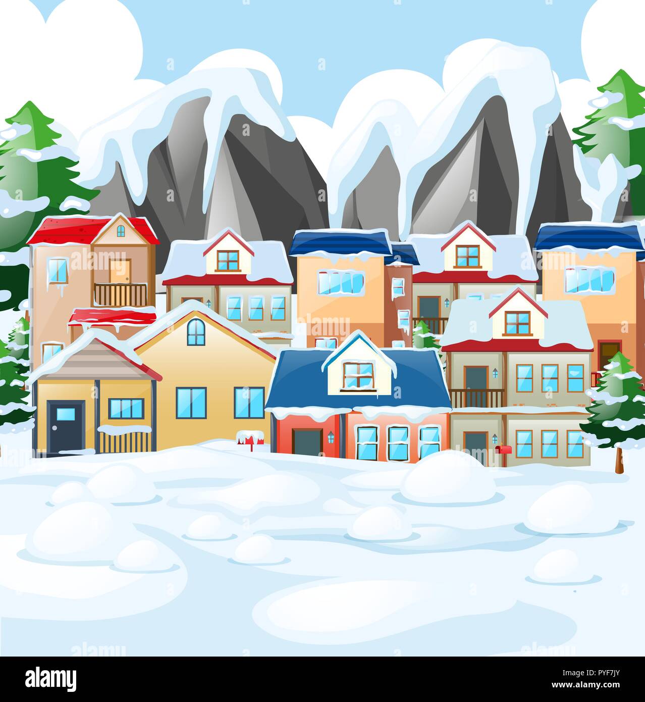 Neighborhood scene with houses covered by snow illustration Stock ...