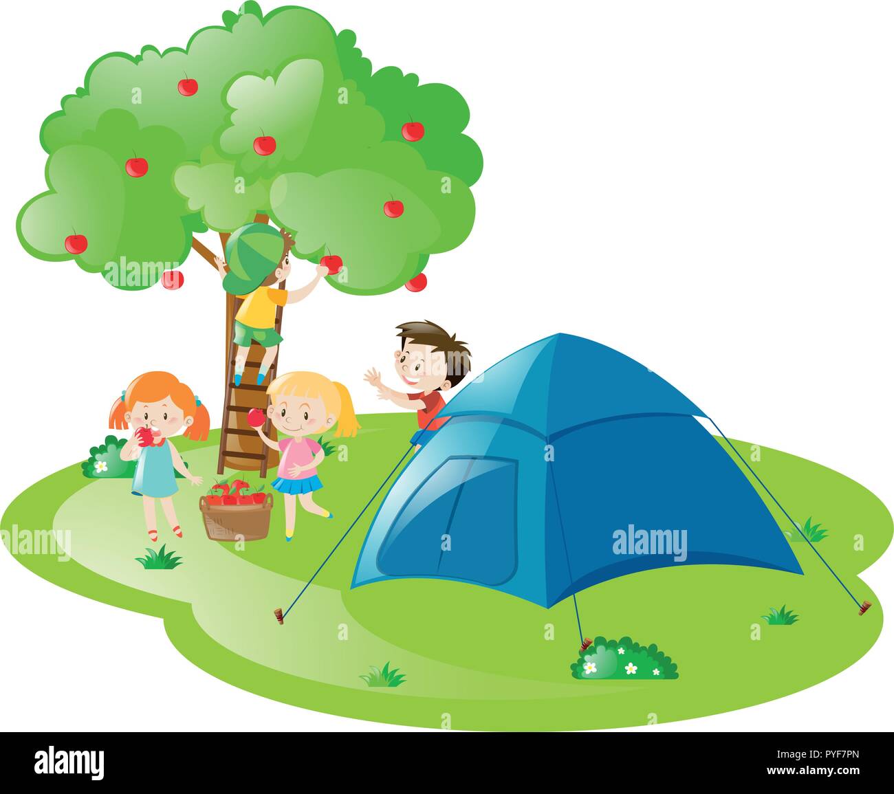 Kids camping out by the apple tree illustration Stock Vector Image ...