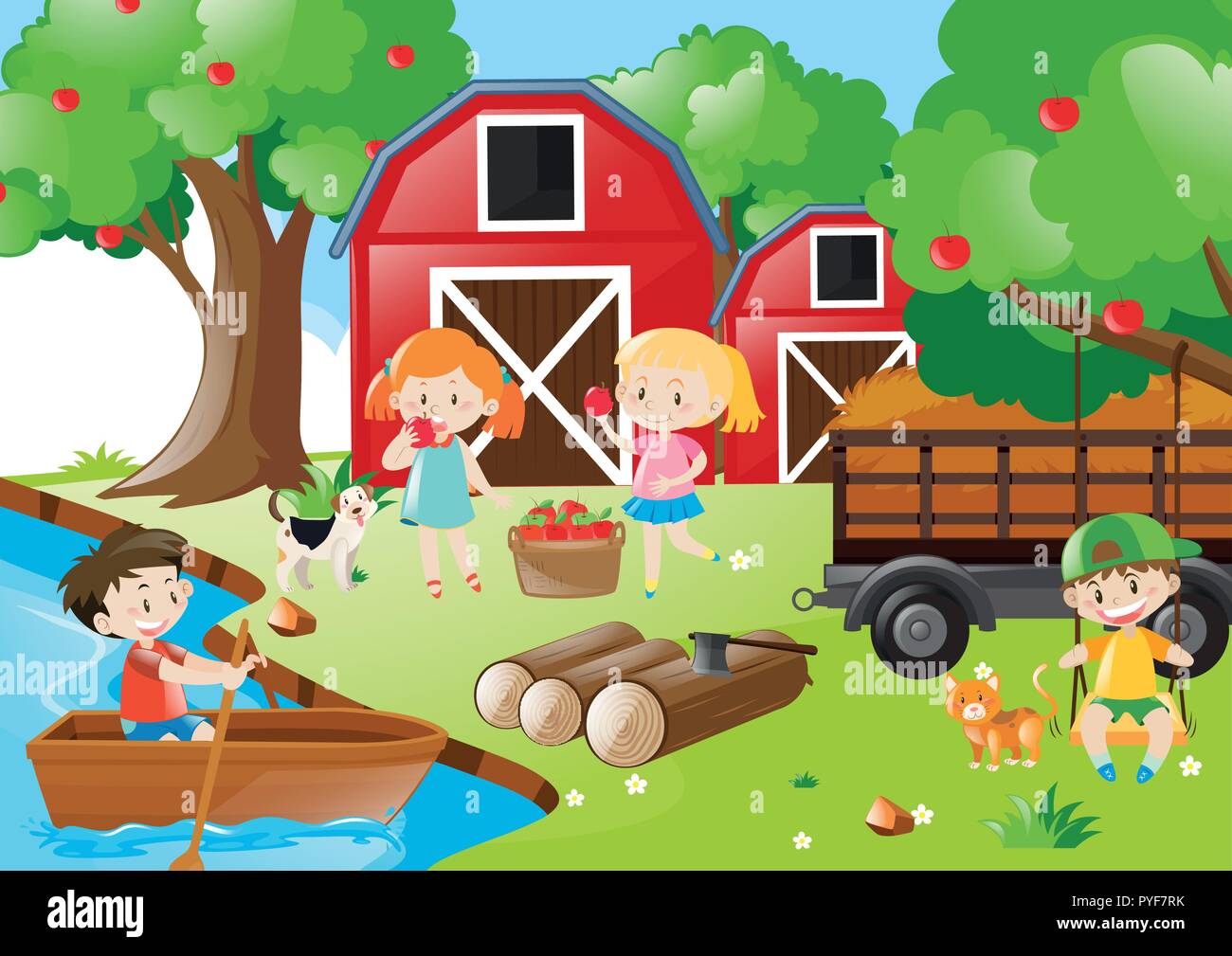 Children picking up apples in the orchard illustration Stock Vector ...