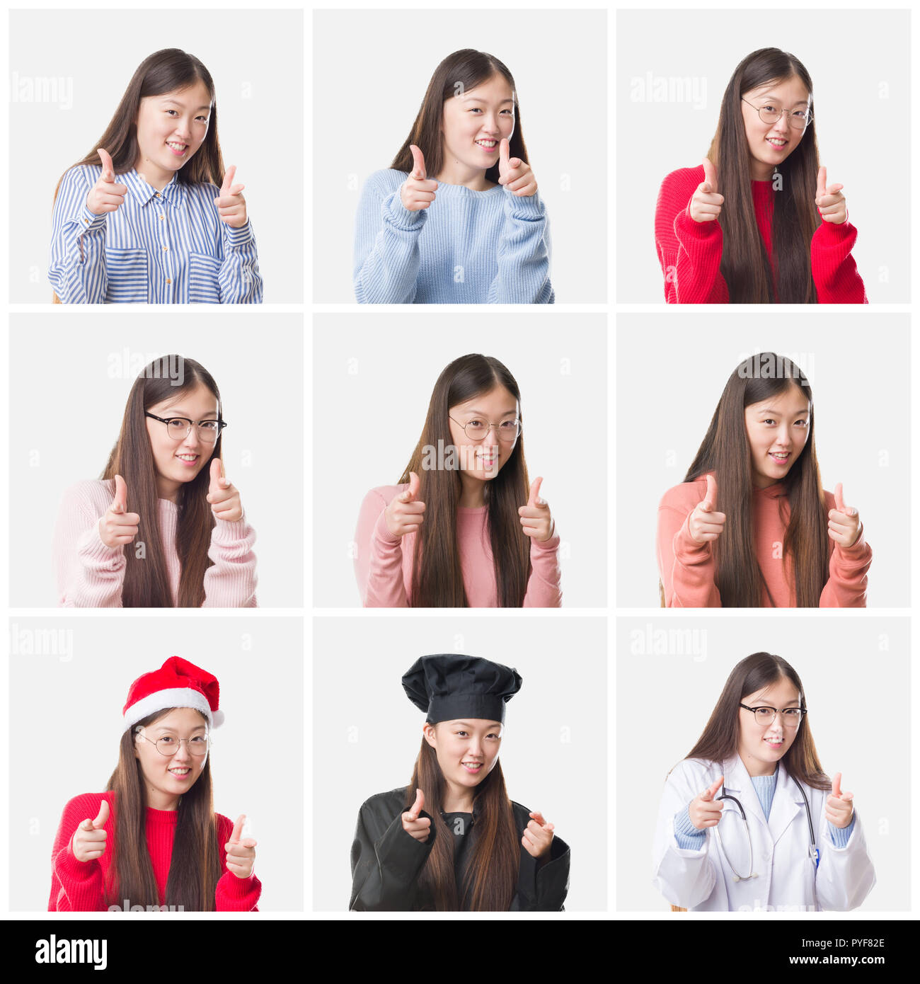 Collage of young doctor, chef asian woman isolated background pointing ...