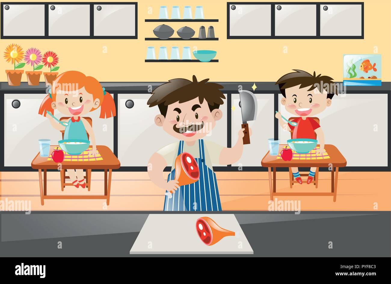Chef cooking for two kids in kitchen illustration Stock Vector Image ...