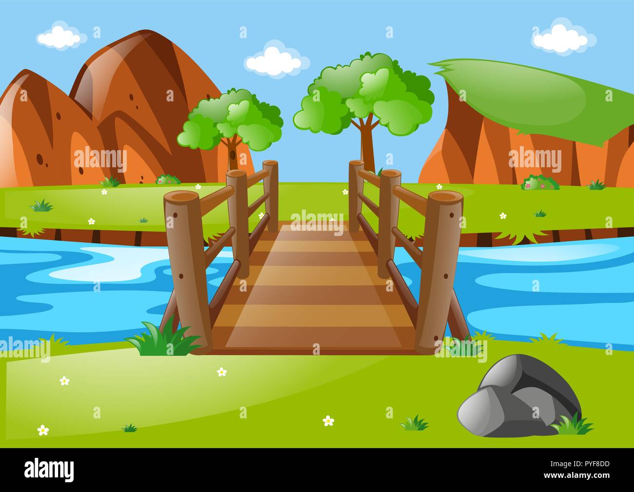 Scene with wooden bridge in park illustration Stock Vector Image & Art ...