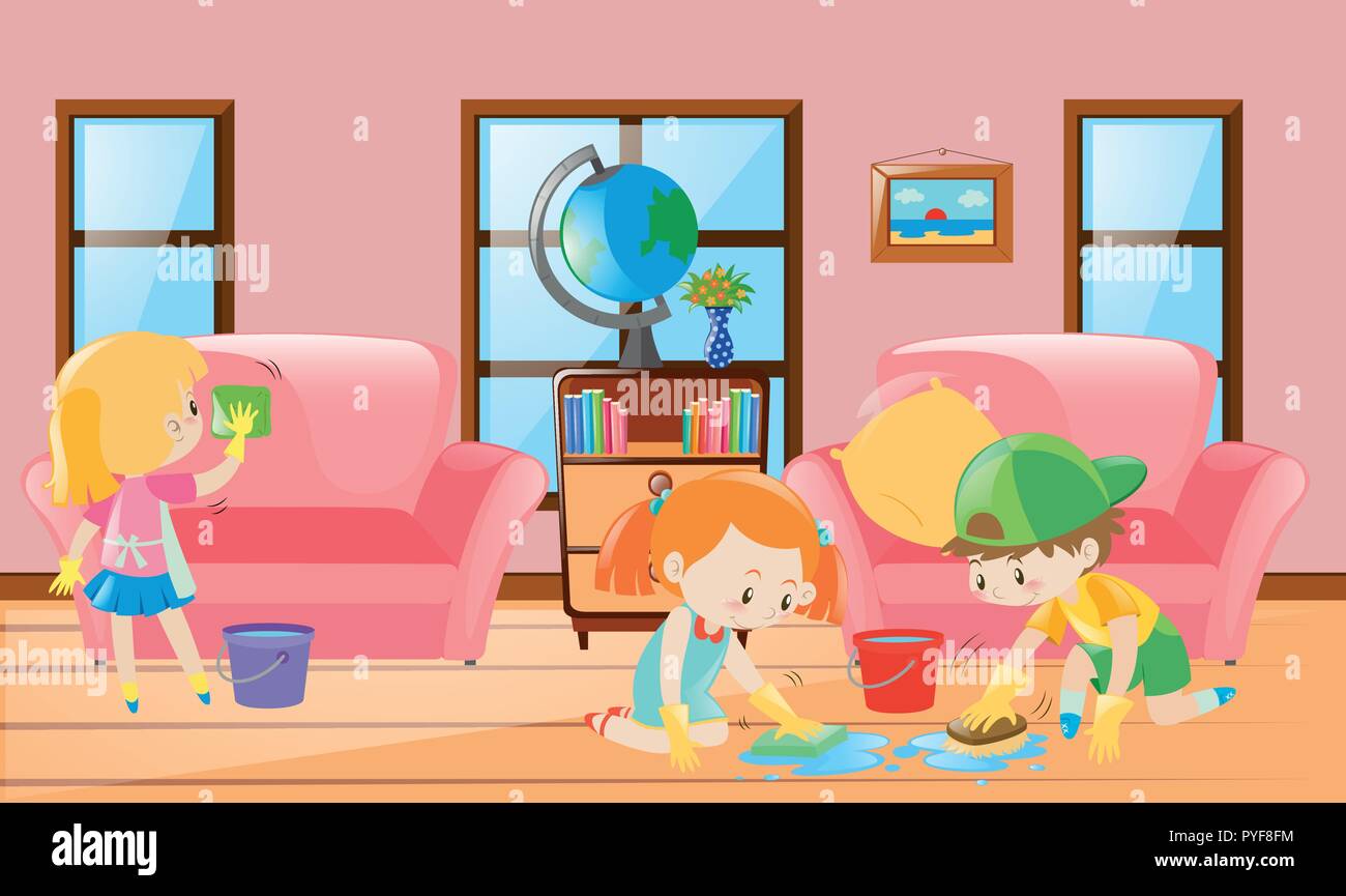 Three children cleaning living room illustration Stock Vector Image ...