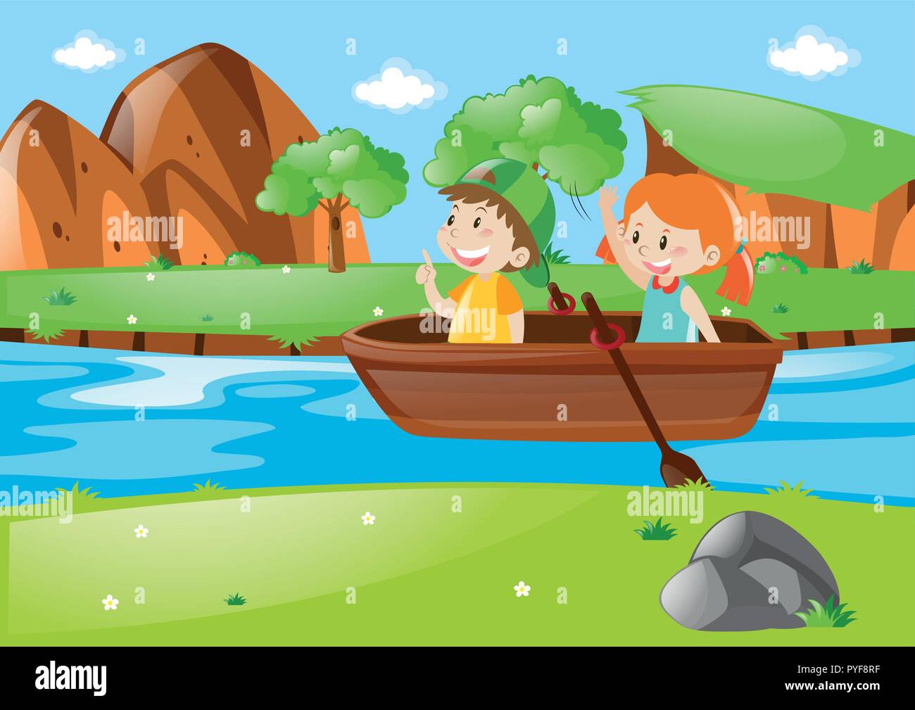 Two kids rowing boat illustration Stock Vector Image & Art - Alamy