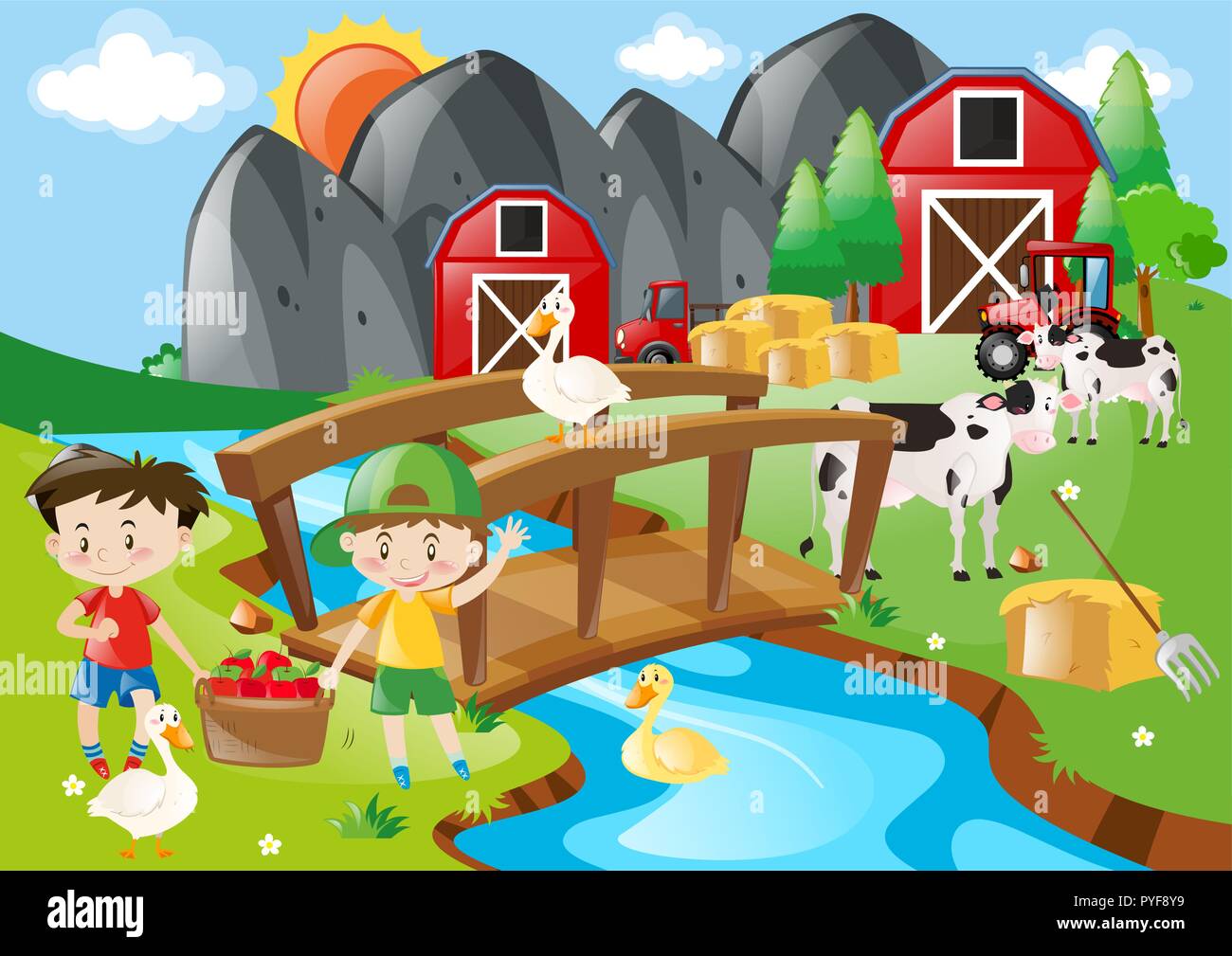 Boys and animals in the farmyard illustration Stock Vector Image & Art ...