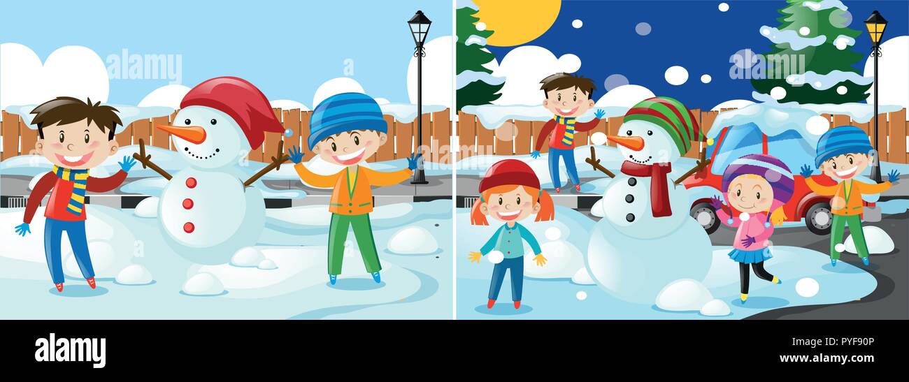 Two scenes with kids playing with snow illustration Stock Vector Image ...